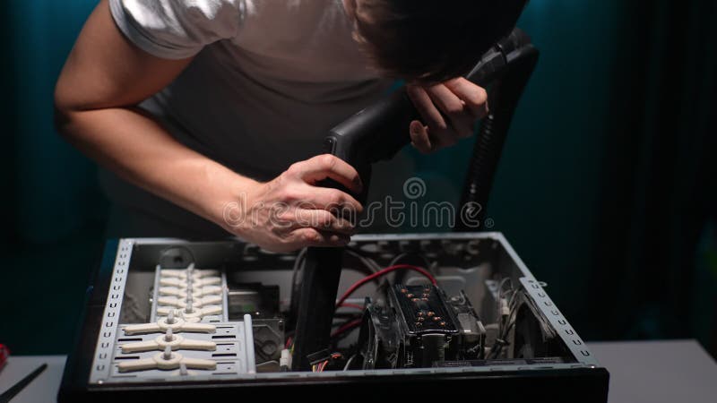 Front View of Focused Computer Master Cleaning Inside of System Unit ...