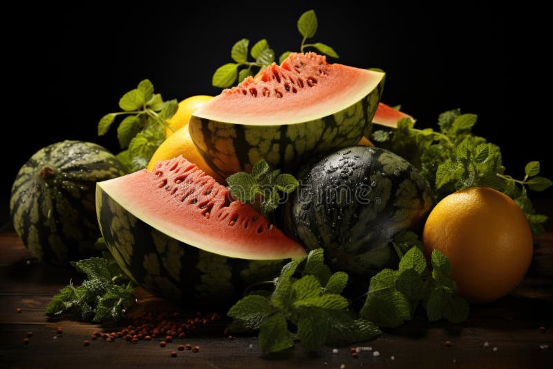 Front View of Fresh Melon with Pumpkin and Watermelon in the Dark Ba ...