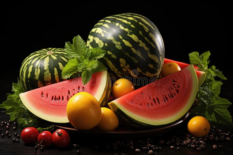 Front View of Fresh Melon with Pumpkin and Watermelon in the Dark Ba ...