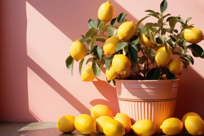 Front View of Fresh Yellow Lemons Inside the Brown Pot on the P Stock ...