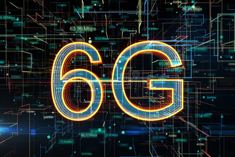 Front View on 6G Digital Glowing Symbols on Abstract Technological ...