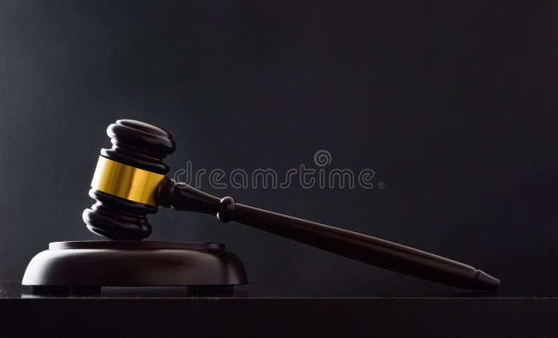 Front View of Gavel on Wooden Base on Black Table Stock Image - Image ...