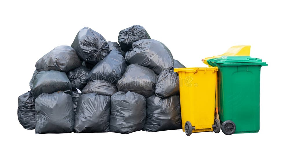 Front View of Giant Stack of Garbage in Black Plastic Bag with Wheeled ...