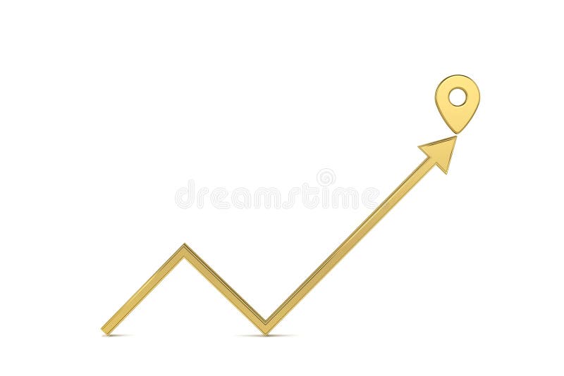 Front View of Gold Up Arrow with Gold Map Pointer 3d Pin. Financial ...
