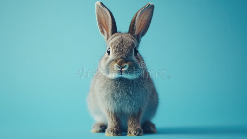 Front View of Gray Rabbit Standing on Blue Background. Lovely Action of ...