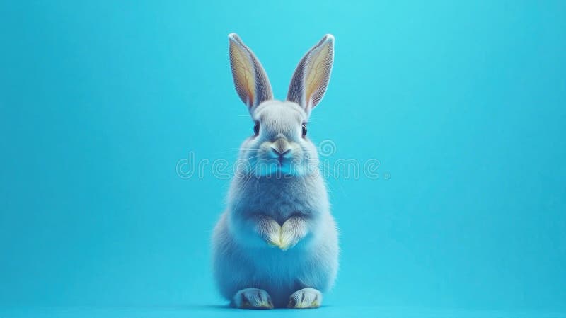 Front View of Gray Rabbit Standing on Blue Background. Lovely Action of ...