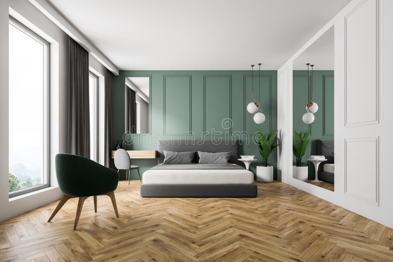 Front View of Green Bedroom, Stock Illustration - Illustration of ...