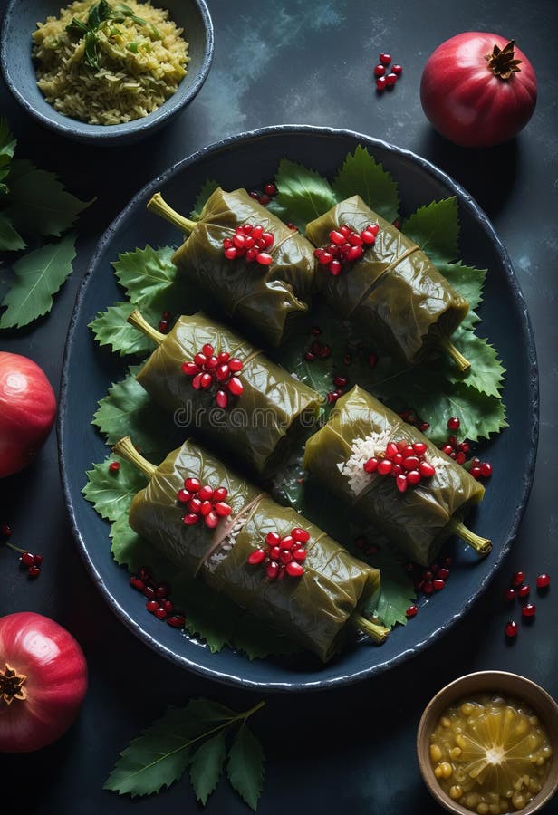 Front View of Green Leaf Dolma with Pomegranates on Dark Surface Stock ...