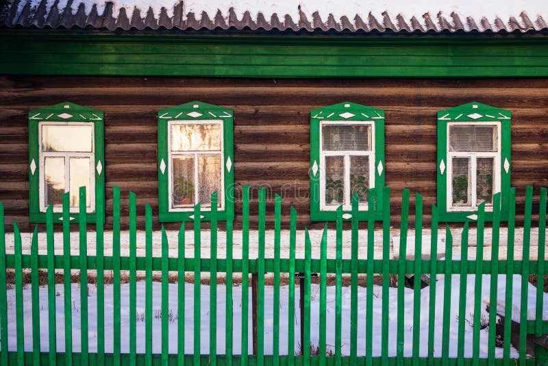 Front View on Green Log Cabin Facade in the Winter. Stock Image - Image ...