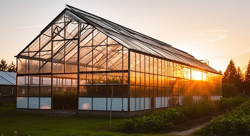 Front View of a Greenhouse at Sunset. Generative AI Stock Illustration ...
