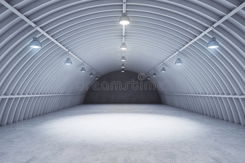 Front View Hangar Interior with Spotlight and Concrete Floor, Car ...