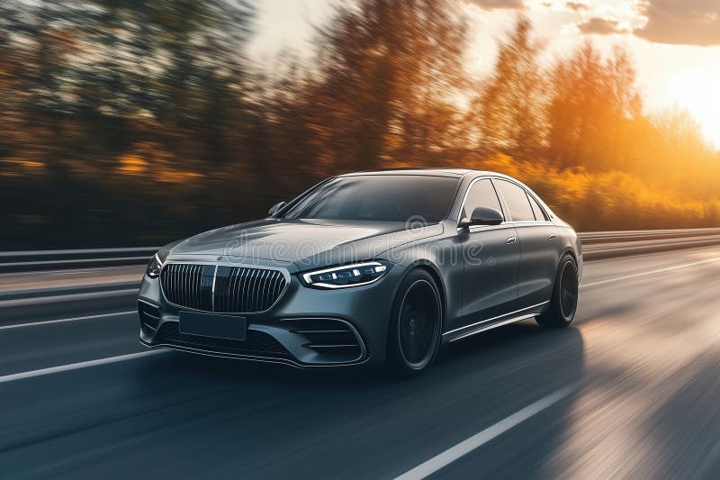 Front View of a Grey Modern Car Driving on the Road at High Speed, with ...