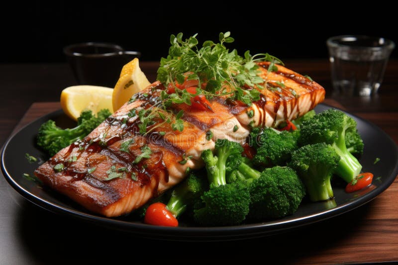 Front View Grilled Red Fish Fillet with Broccoli a Slice of Tomato Le ...