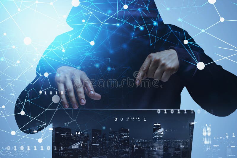 Front View of Hacker Attacking Information and Servers at Night Stock ...