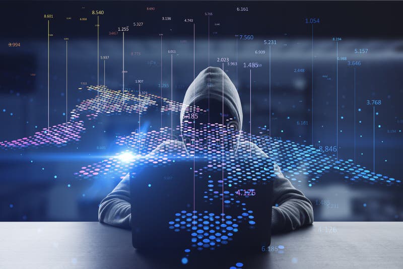 Front View of Hacker Using Computers at Desktop with Abstract Digital ...