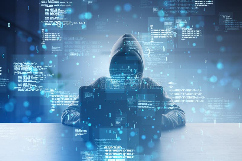 Hacker at Desk Using Computers with Creative Glowing Blue Map Hologram with Chart and Grid on ...