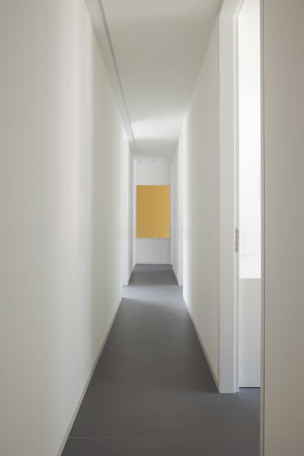 Front View of a Hallway with White Walls, Open Doors on the Sides from ...