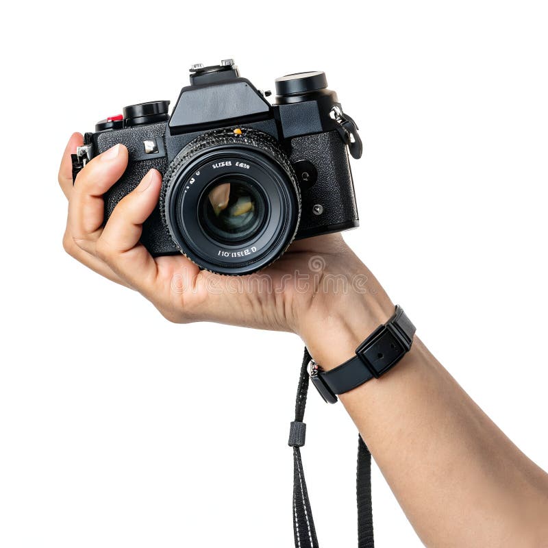 Front View of Hand Holding Camera Isolated on White Background Stock ...
