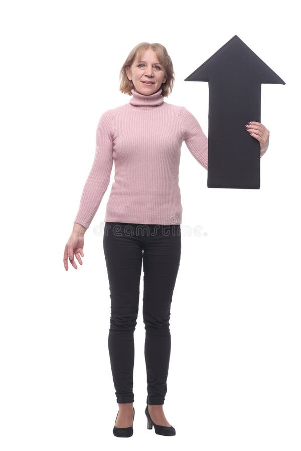Front View of Happy Woman with Direction Arrow Sign Stock Image - Image ...