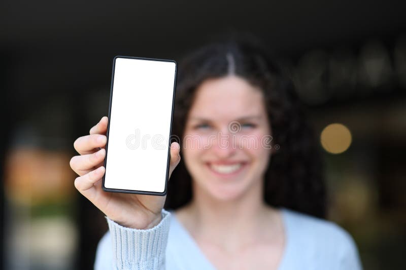 Happy Woman Showing at Camera Blank Phone Stock Image - Image of ...