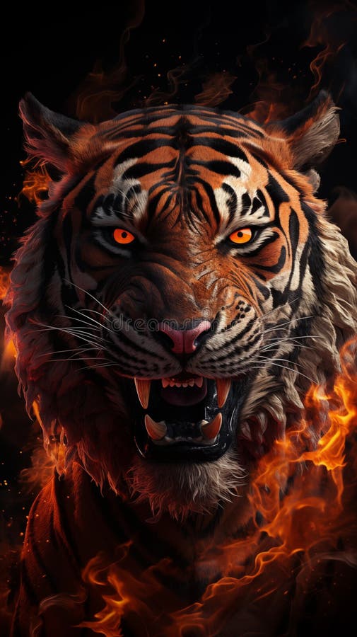 Front View of Head of an Angry, Fiery Tiger, on a Black Background ...