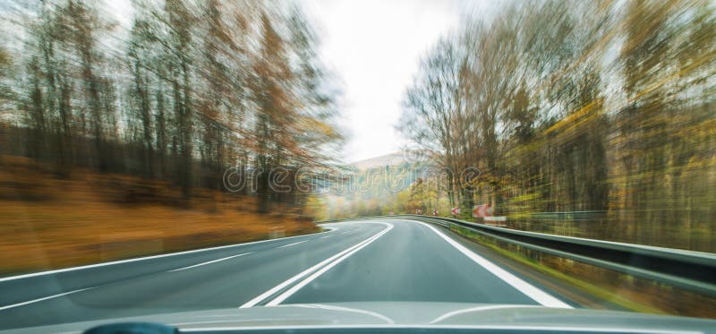 Front View of the Highway Road Passing the Country Side Inside the Fast ...