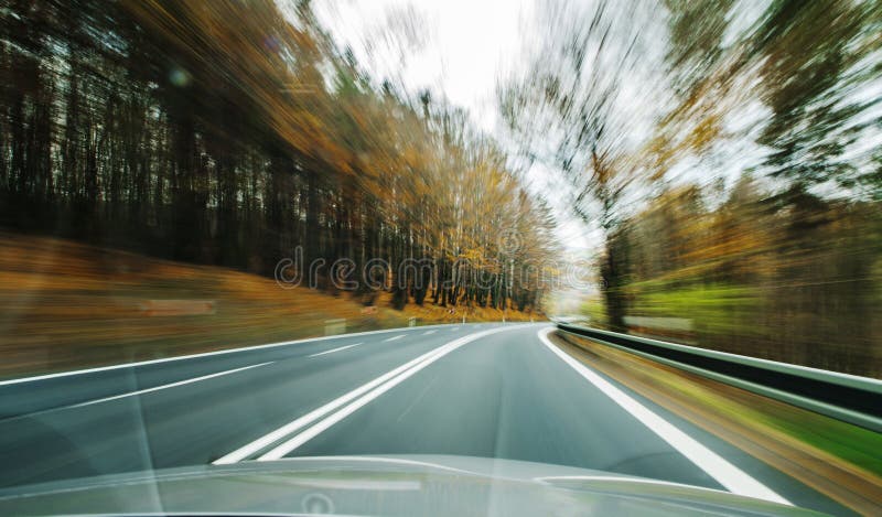 Front View of the Highway Road Passing the Country Side Inside the Fast ...