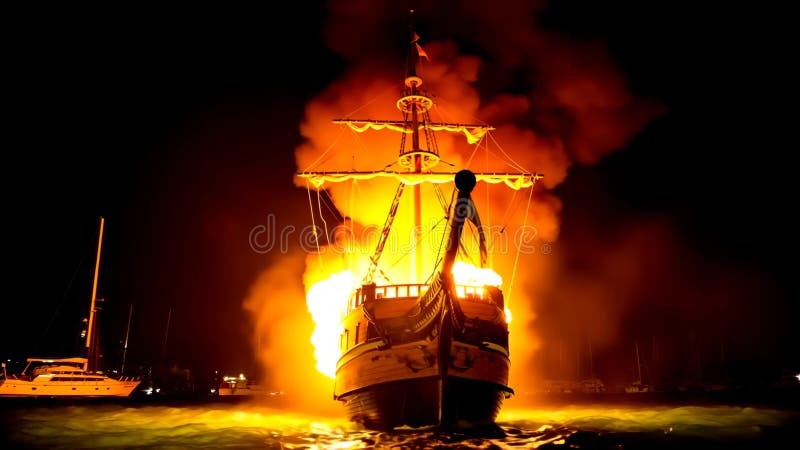 Front View of a Historic Sailing Ship Engulfed in Flames at Night Stock ...
