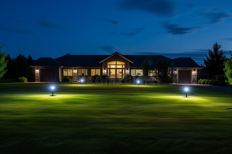 Front View of a House with Symmetrical Lawn Spotlights at Night Stock ...