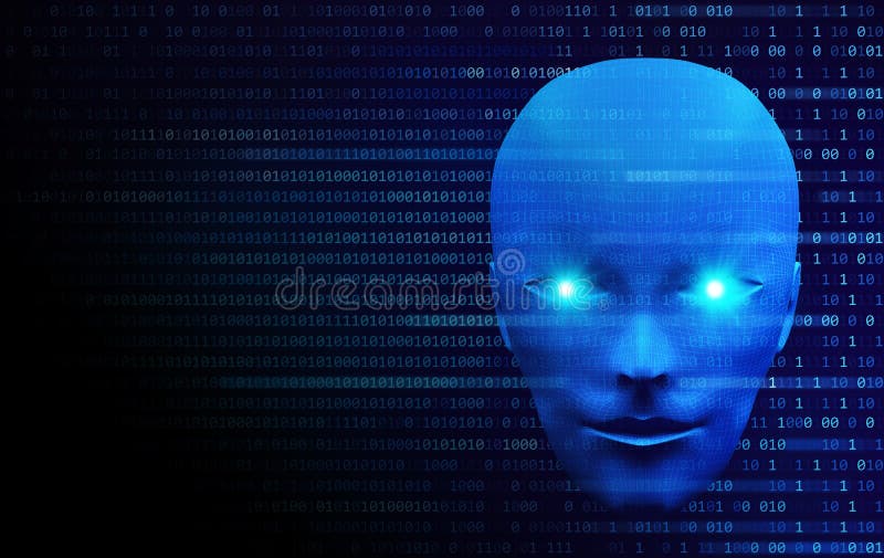 Front View of Human Head with Binary Code. Model Isolated on Blu Stock ...