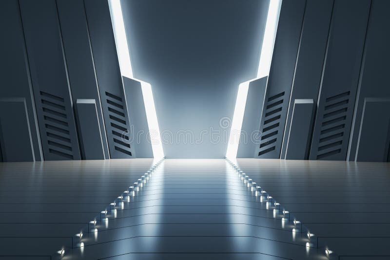 Front View on Illuminated Futuristic Style Grey Shades Stage for ...