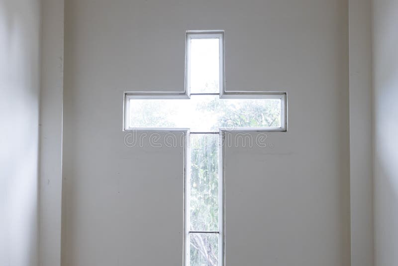 Front View of Interior Transparent Window Cross Shape on White Wall ...