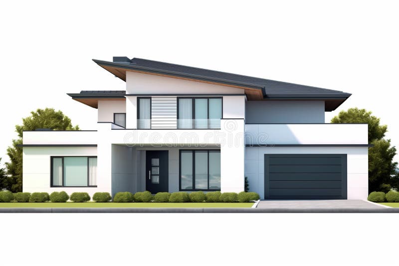 Front View of a Isolated Modern House with a Big Lawn. White Background ...