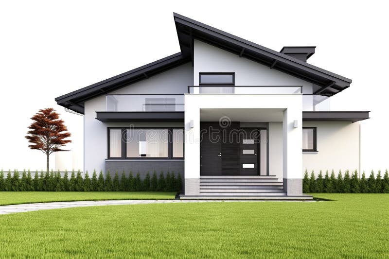 Front View of a Isolated Modern House with a Big Lawn. White Background ...