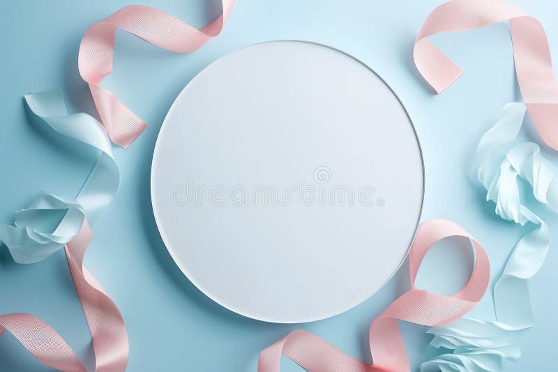 The Plate Put on the Blue Background and Decorated with Pastel Ribbons ...
