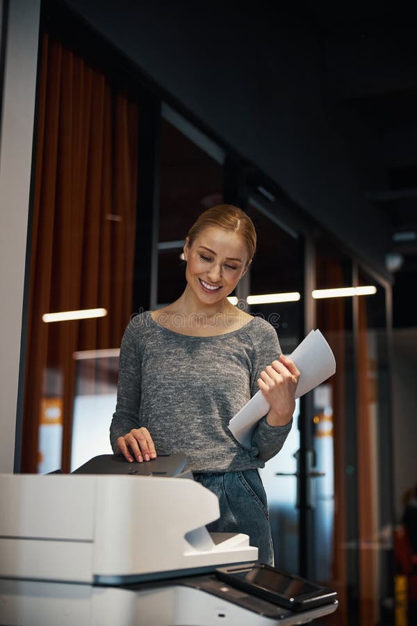 Lovely Pleased Young Caucasian Secretary Printing Documents Stock Photo ...