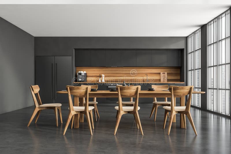 Front View on Kitchen Room Interior with Concrete Floor Stock ...