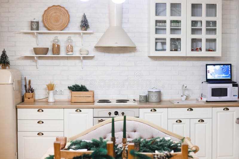 Front View of Kitchen Table in Fancy Bright Kitchen Stock Photo - Image ...