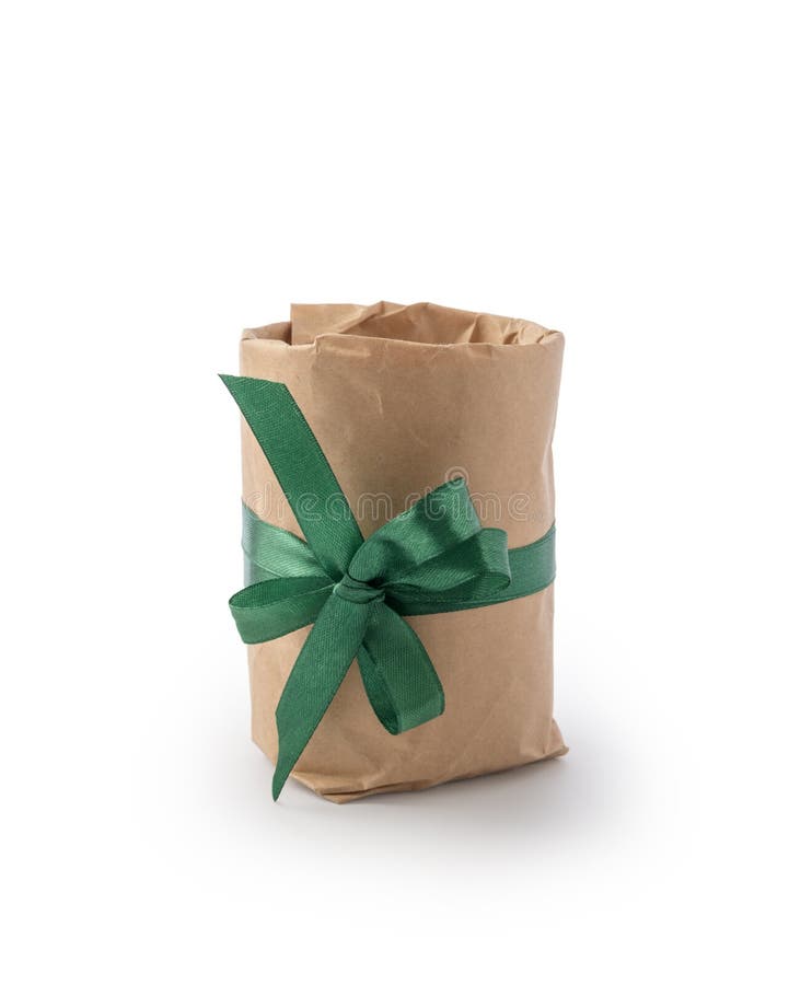Front View of Kraft Gift Box with Green Ribbon Bow Isolated on White ...