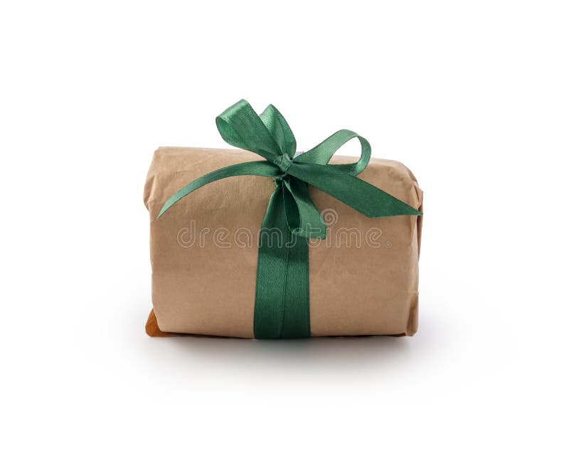 Front View of Kraft Gift Box with Green Ribbon Bow Isolated on White ...