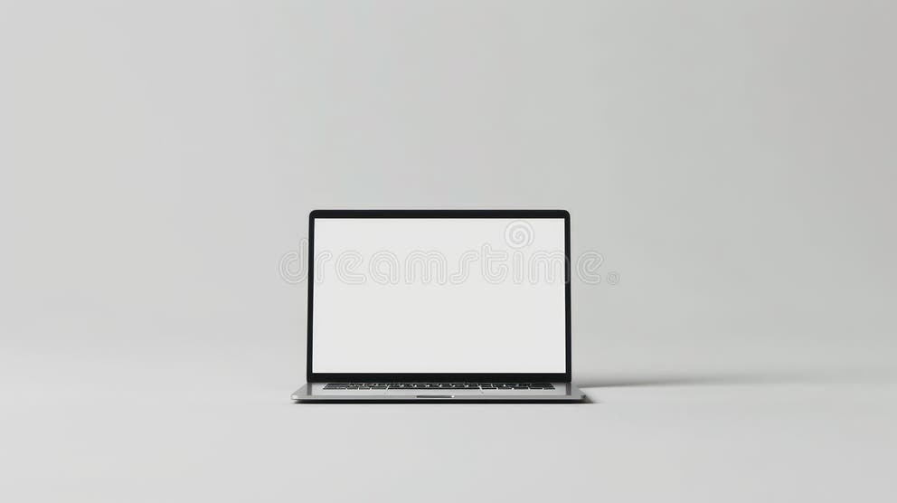 Front View of a Laptop with a Blank White Screen on a Light Gray ...