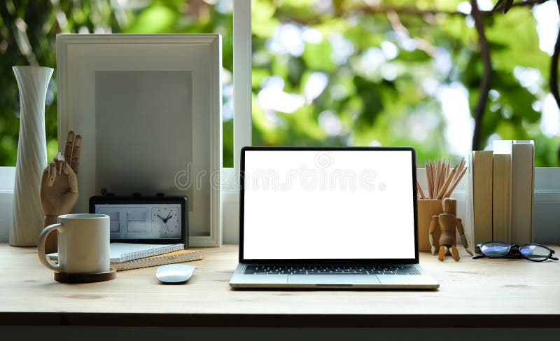 Front View Laptop Computer with Empty Screen, Books and Coffee Cup on ...