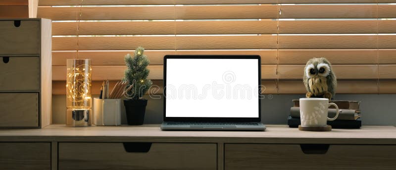Front View Laptop Computer with White Display on Wooden Counter Near ...