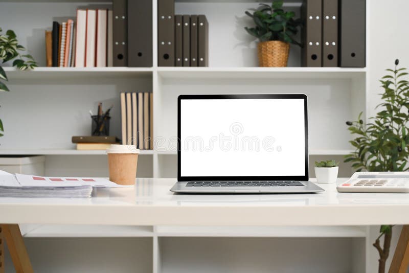 Front View Laptop with Empty Display on a Desk in Front of a Bookshelf ...