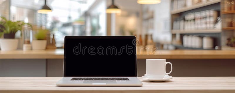 Front View of Laptop with Screen. Modern Architecture in the Background ...