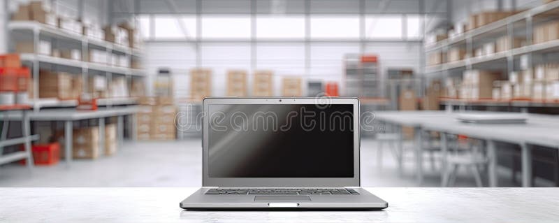 Front View of Laptop with Screen. Modern Architecture in the Background ...