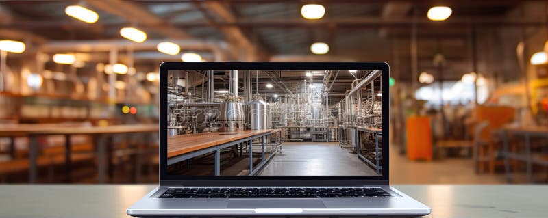 Front View of Laptop with Screen. Modern Architecture in the Background ...