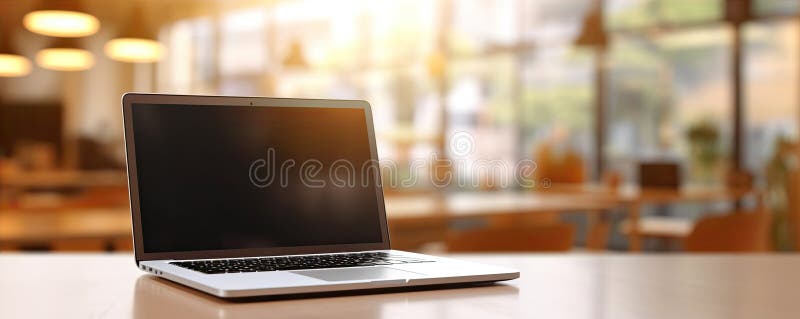 Front View of Laptop with Screen. Modern Architecture in the Background ...