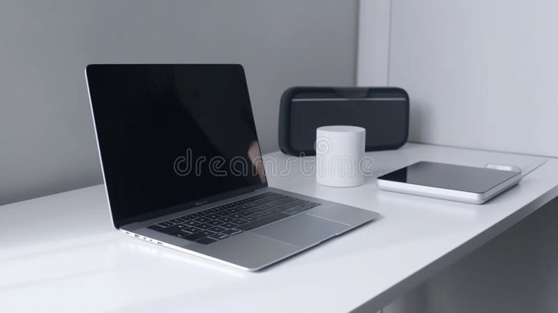 Front View Laptop on White Table. Nearby is Document Paper, Pencil ...