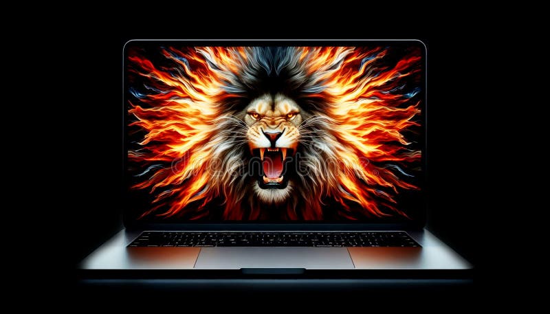 Front View of a Laptop and a Lion Head - Online Security with Black ...